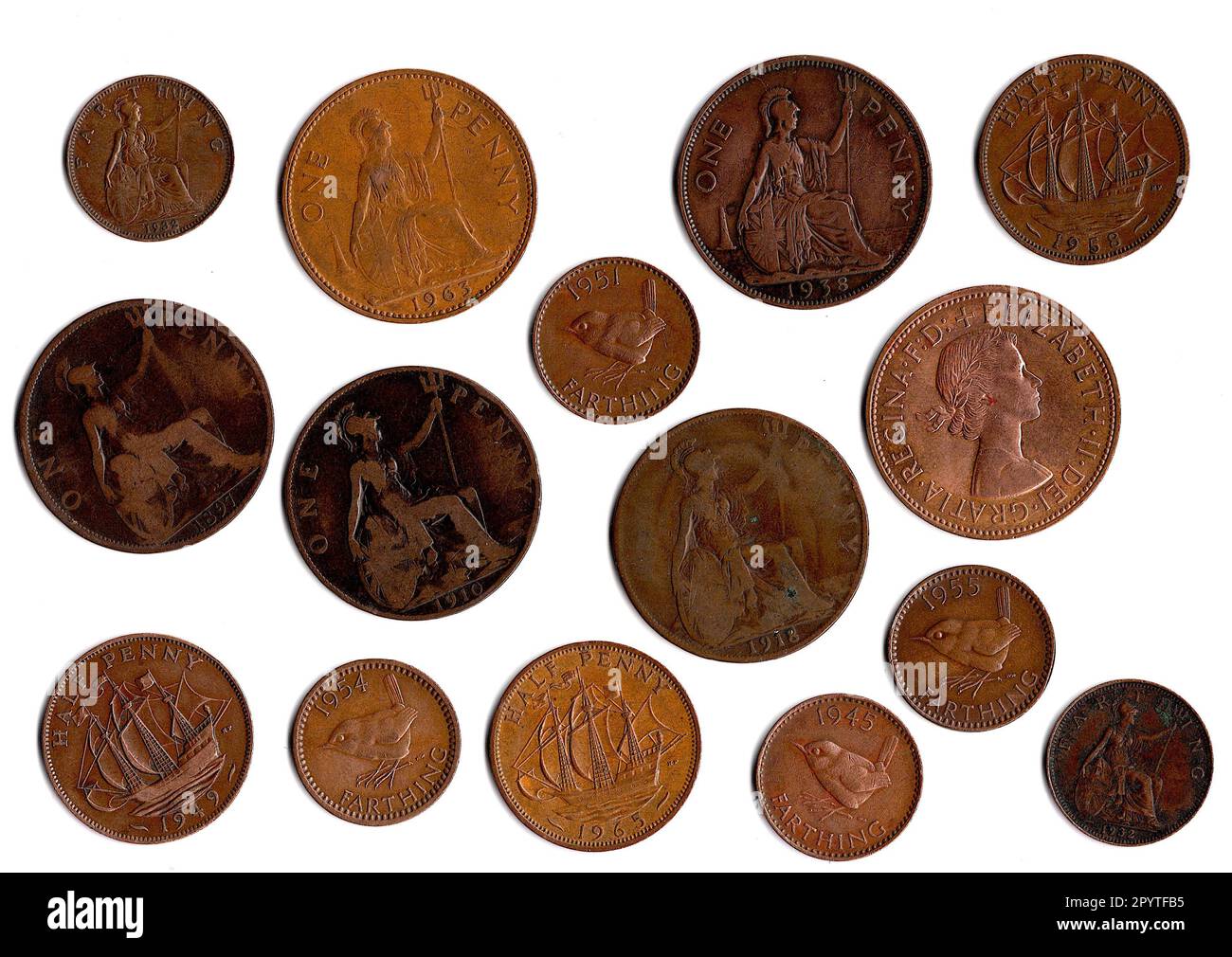 20th century copper vintage coins from Great Britain showing the front ...