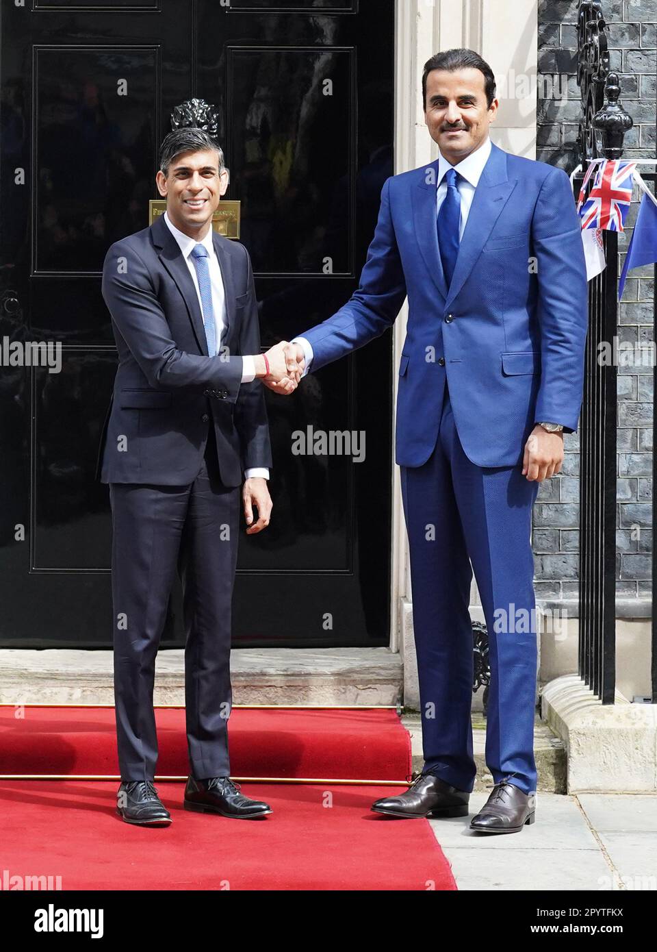 Prime Minister Rishi Sunak greets the Emir of Qatar, Sheikh Tamim ibn ...