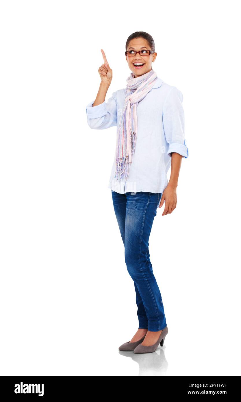 Point, smile and face of woman with hand on png, isolated and ...