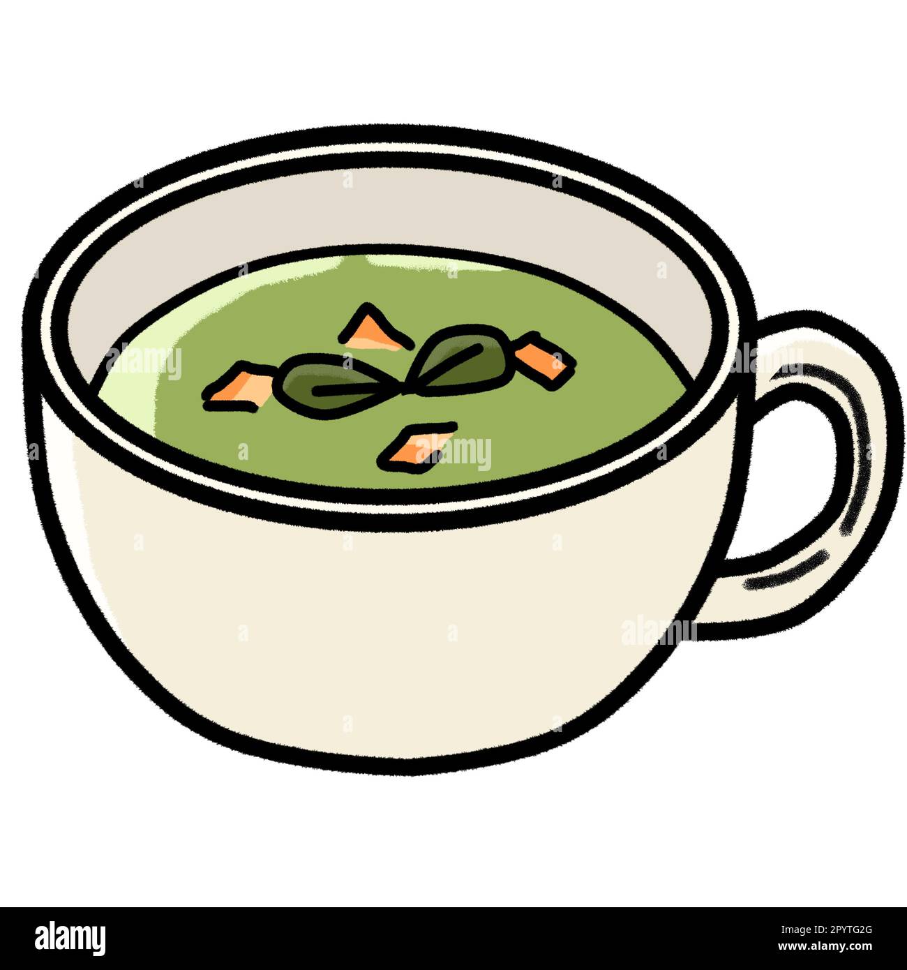 isolate spinach cream soup with crumble bread in a cream ceramic mug ...