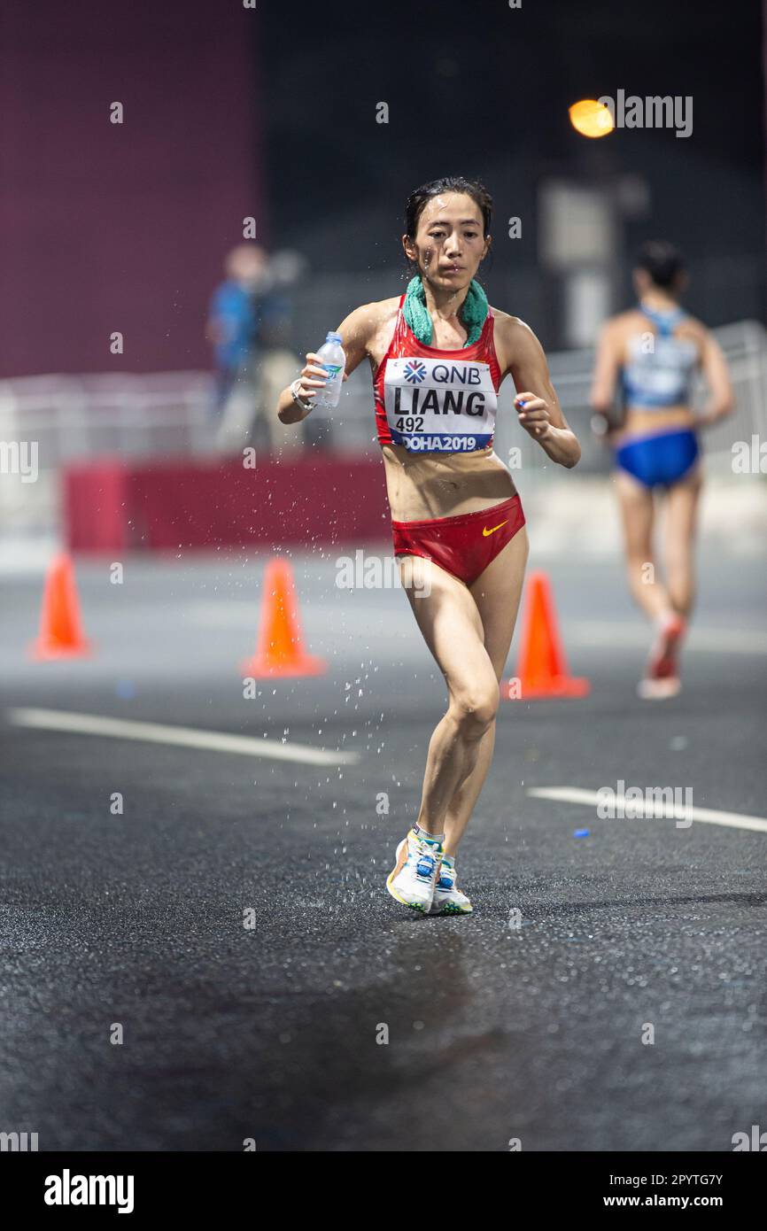 Rui Liang running the 50 Kilometres Race Walk at the 2019 World ...