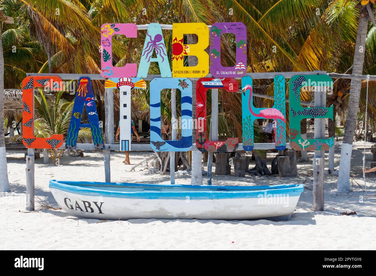 Cabo Catoche sign with colorful letters on remote beach holbox mexico ...