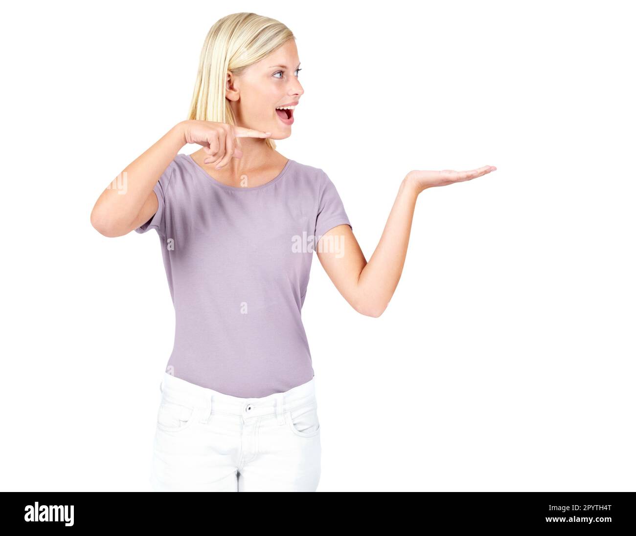 Announcement, smile or woman pointing in studio on isolated transparent ...
