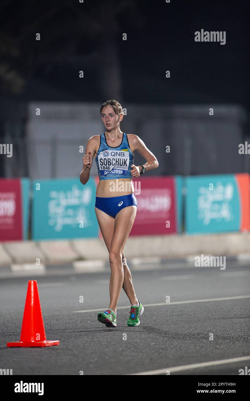 Olena Sobchuk running the 50 Kilometres Race Walk at the 2019 World ...