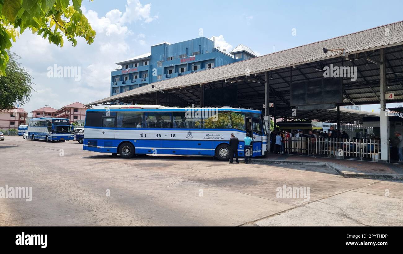 Pattaya Thailand April 2023, blue white bus at Pattaya bus terminal ...