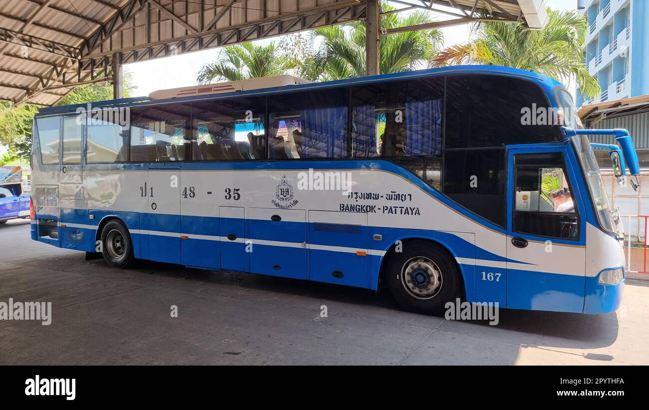 Pattaya Thailand April 2023, blue white bus at Pattaya bus terminal ...