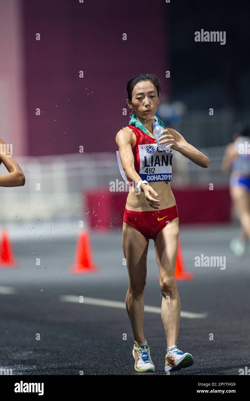 Rui Liang running the 50 Kilometres Race Walk at the 2019 World ...