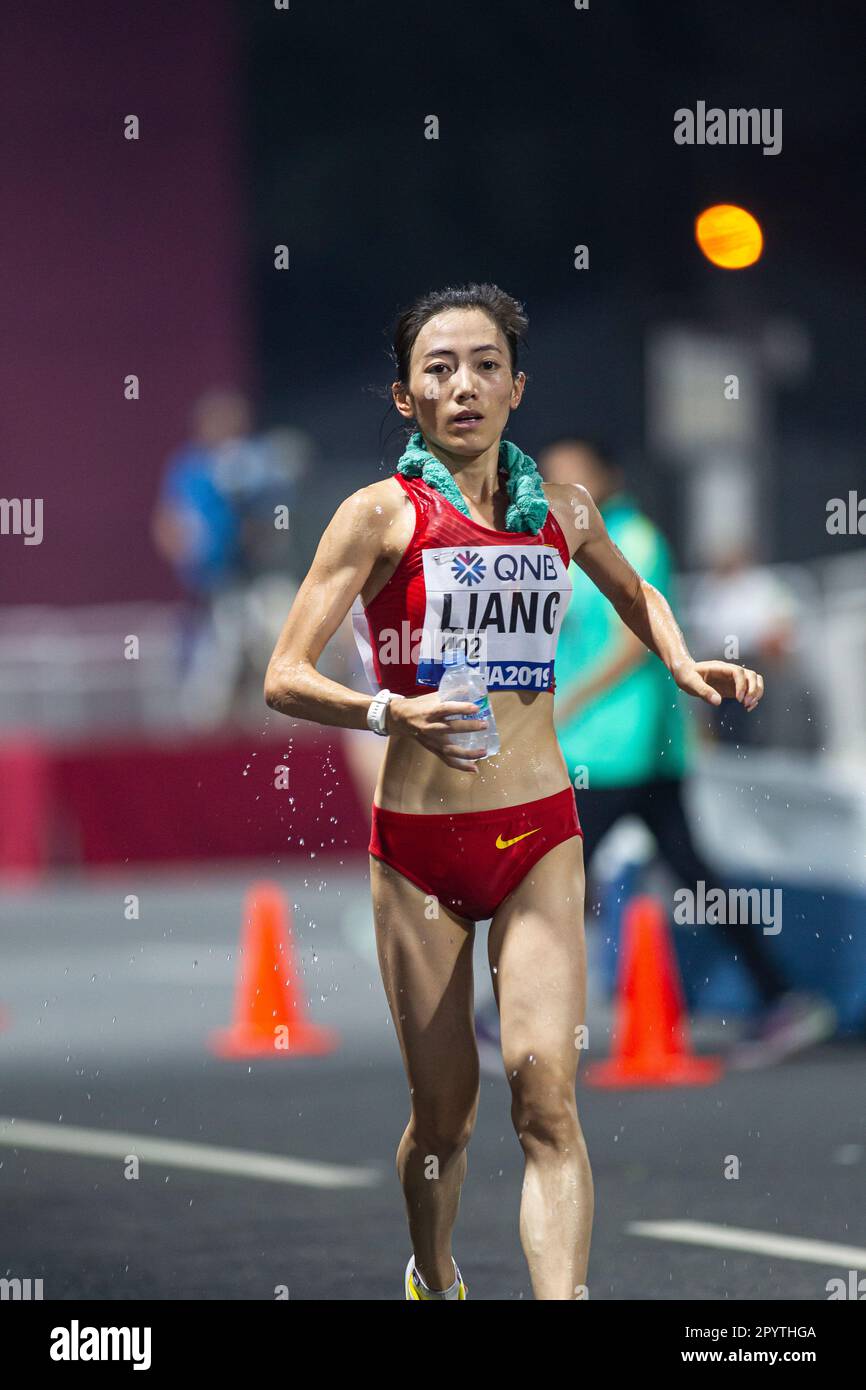 Rui Liang running the 50 Kilometres Race Walk at the 2019 World ...
