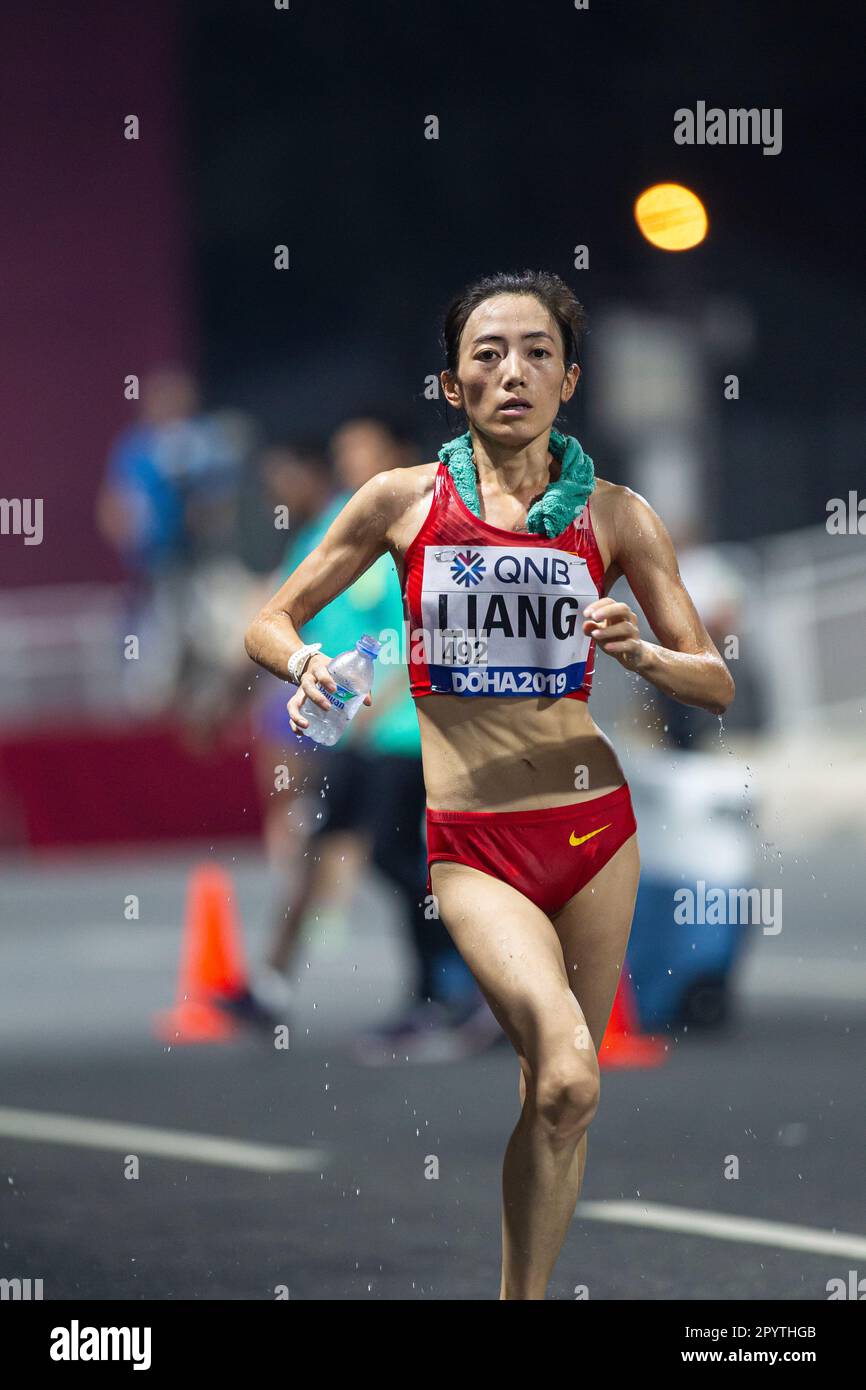 Rui Liang running the 50 Kilometres Race Walk at the 2019 World ...