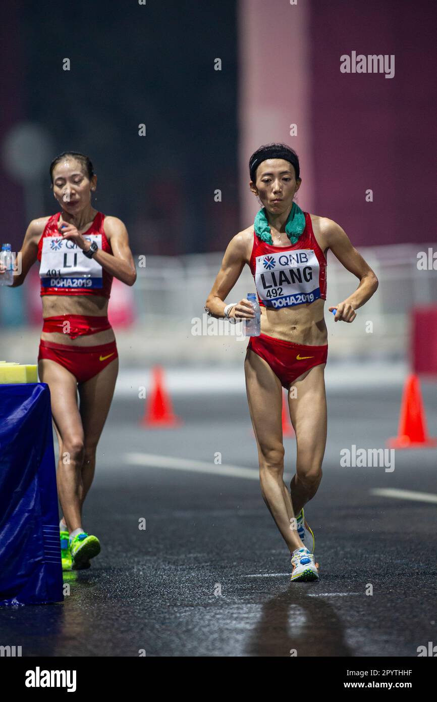 Rui Liang running the 50 Kilometres Race Walk at the 2019 World ...