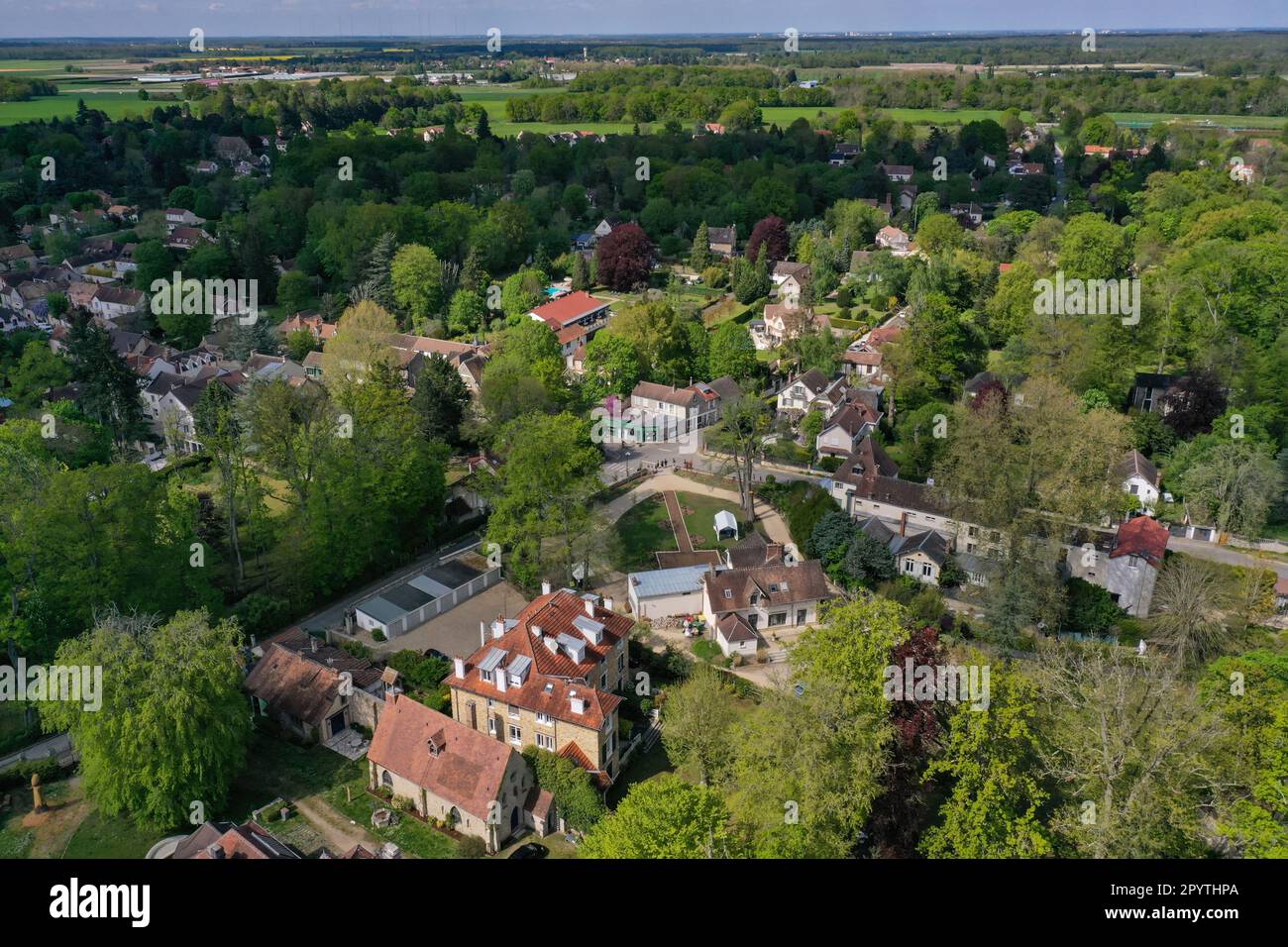 aerial view on the village of Barbizon in Seine et Marne in France ...