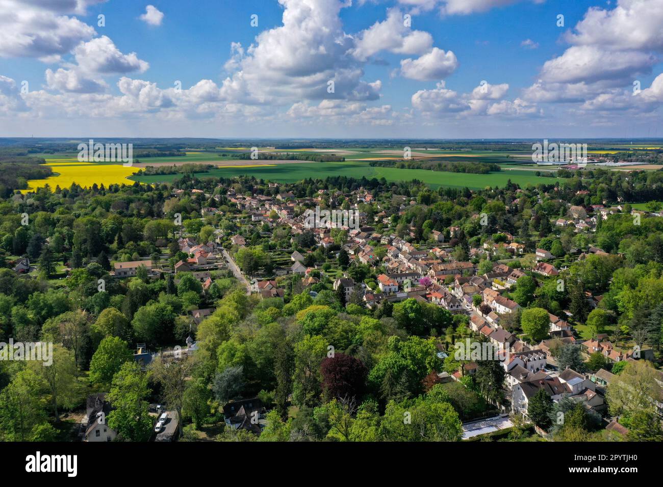 aerial view on the village of Barbizon in Seine et Marne in France ...