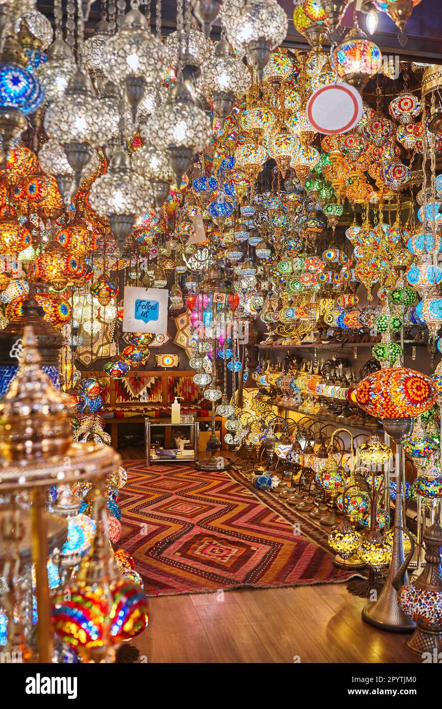 Grand bazaar interior in Istanbul city center. Traditional lantern ...