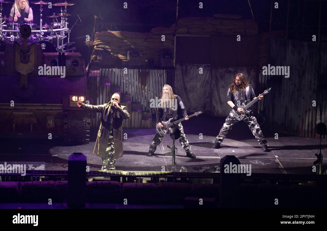 Swedish heavy metal band Sabaton performing at Leeds First Direct Arena ...