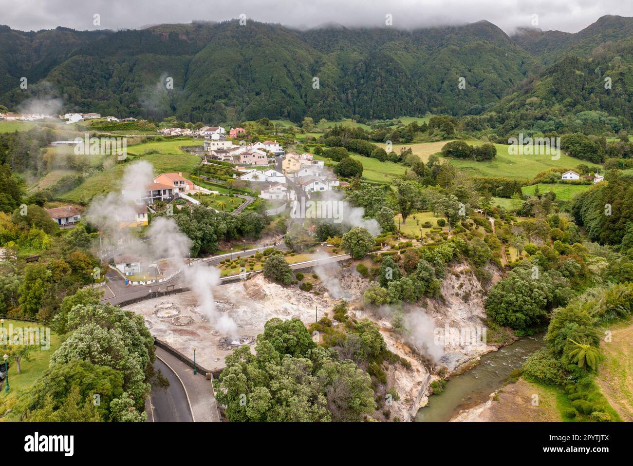 Portugal, Azores, Sao Miguel Island, Furnas, Aerial view of village ...