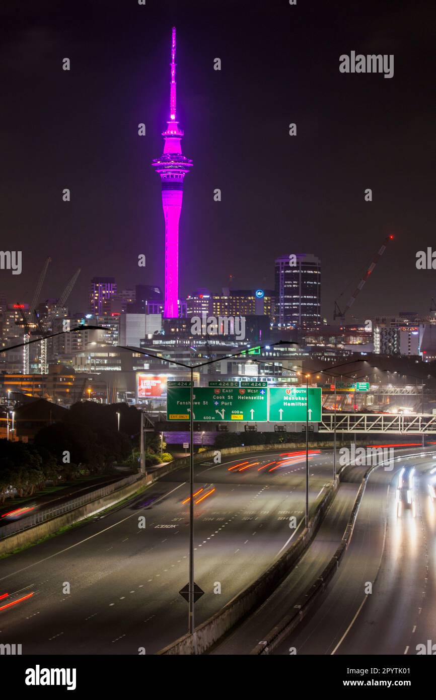 Auckland, New Zealand, 05 May, 2023. The Sky Tower and other landmarks ...