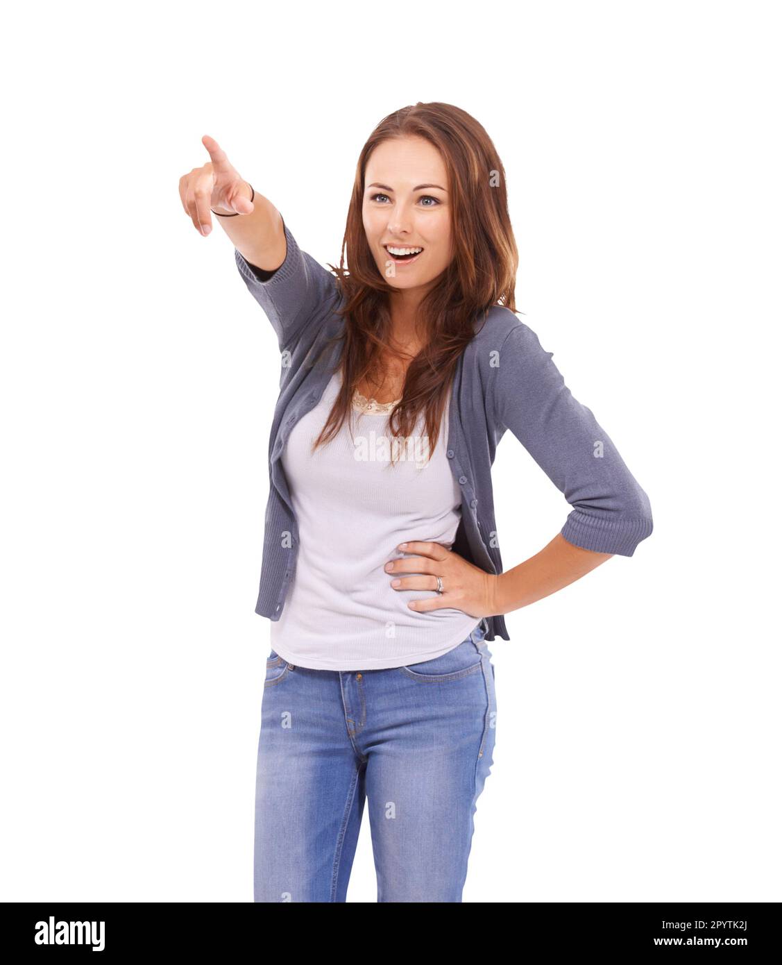 Isolated woman pointing, smile and fashion with vision, direction and ...