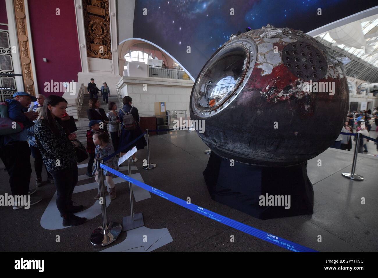 Moscow. Visitors near the descent module of the Vostok-6 spacecraft by ...