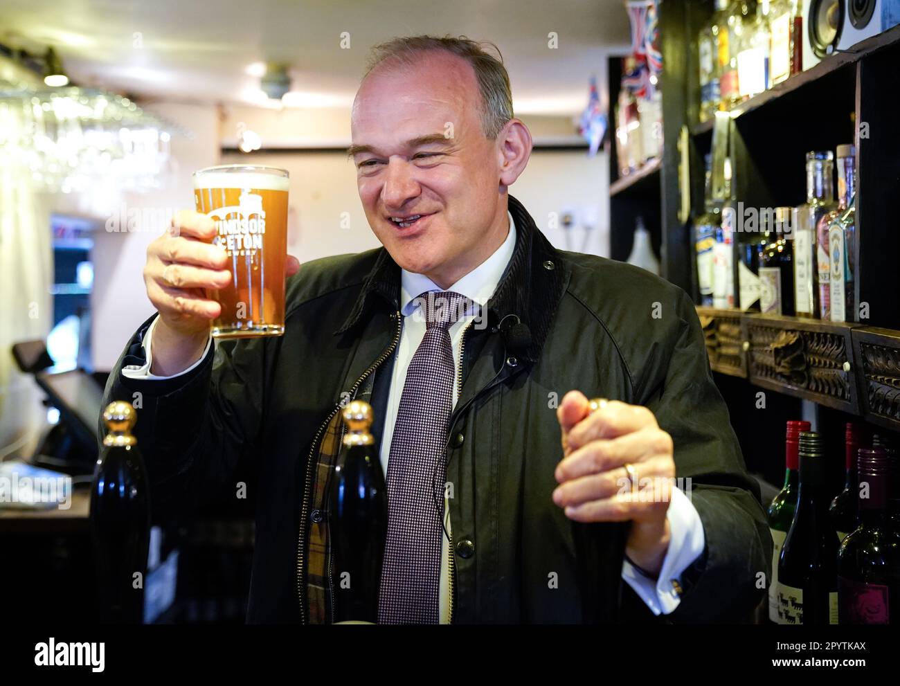 Leader of the Liberal Democrats Sir Ed Davey pulls a pint of 'Return of ...
