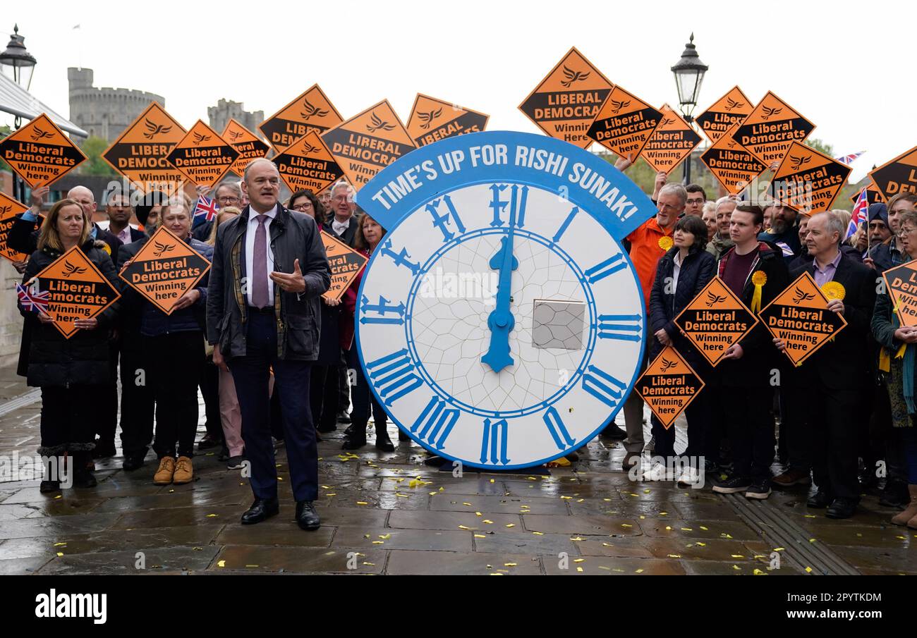Leader of the Liberal Democrats Sir Ed Davey makes a speech in Windsor ...