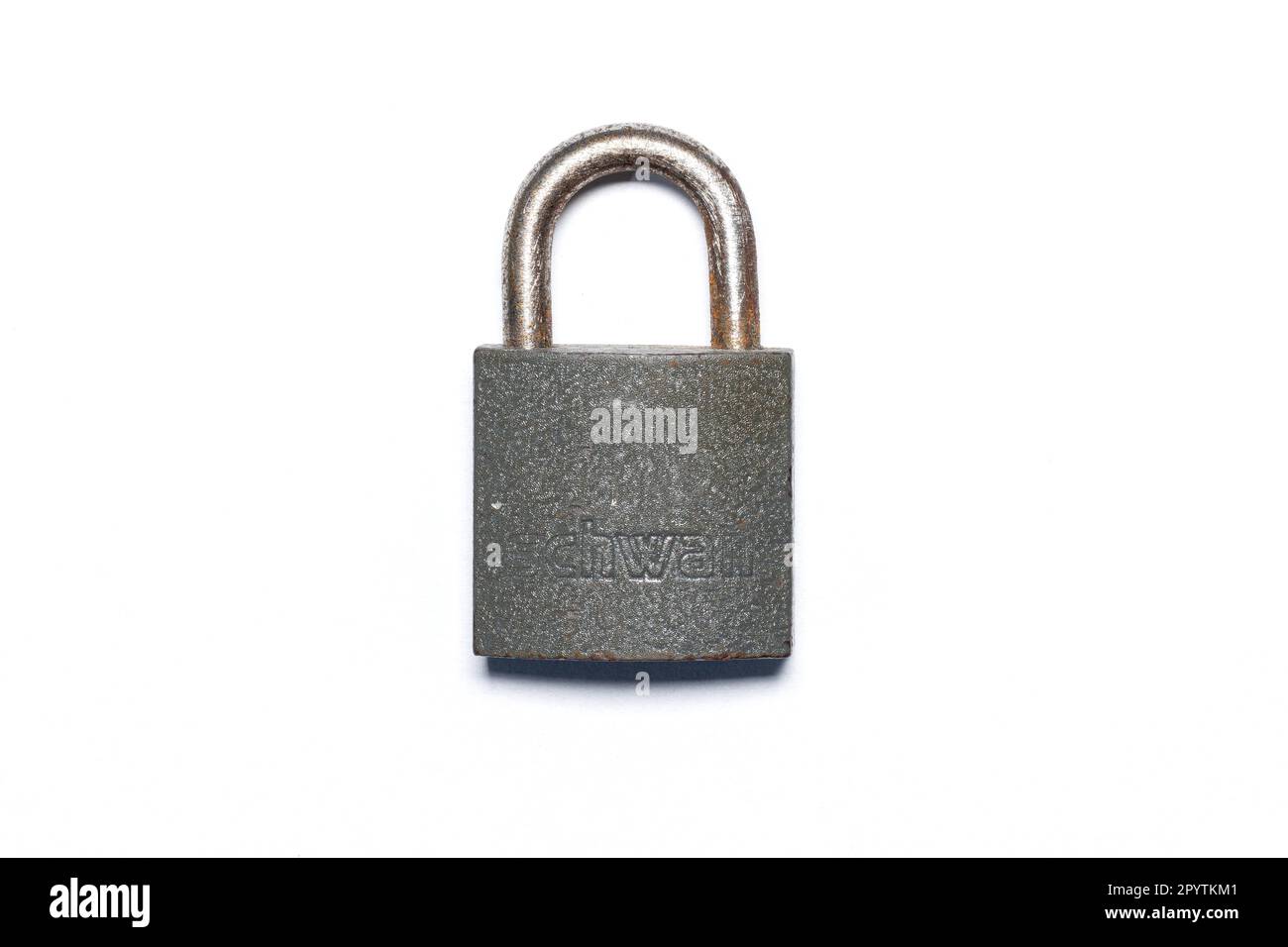 A rusty old silver padlock isolated on a white background Stock Photo ...