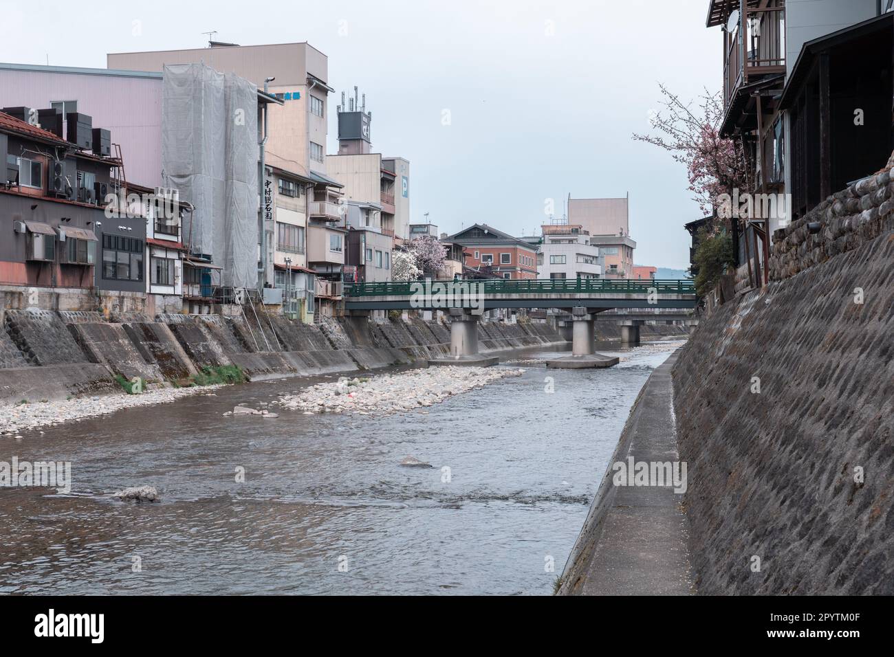 TAKAYAMA, JAPAN - APRIL 5, 2023: Yanagibashi bridge (traditional ...