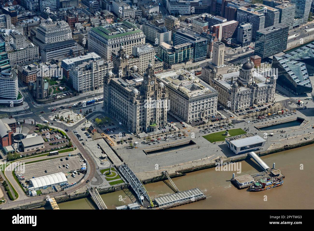 An aerial photograph of The Three Graces at Liverpool Waterfront, River ...