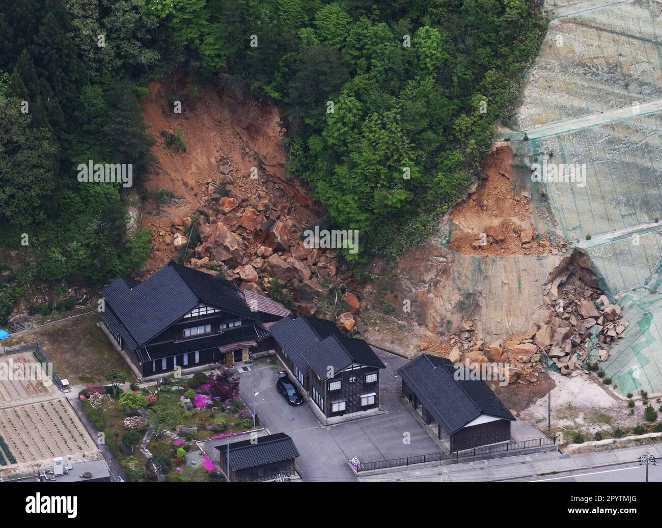 An aerial photo shows landslide site caused by massive earthquake in Suzu City, Ishikawa ...