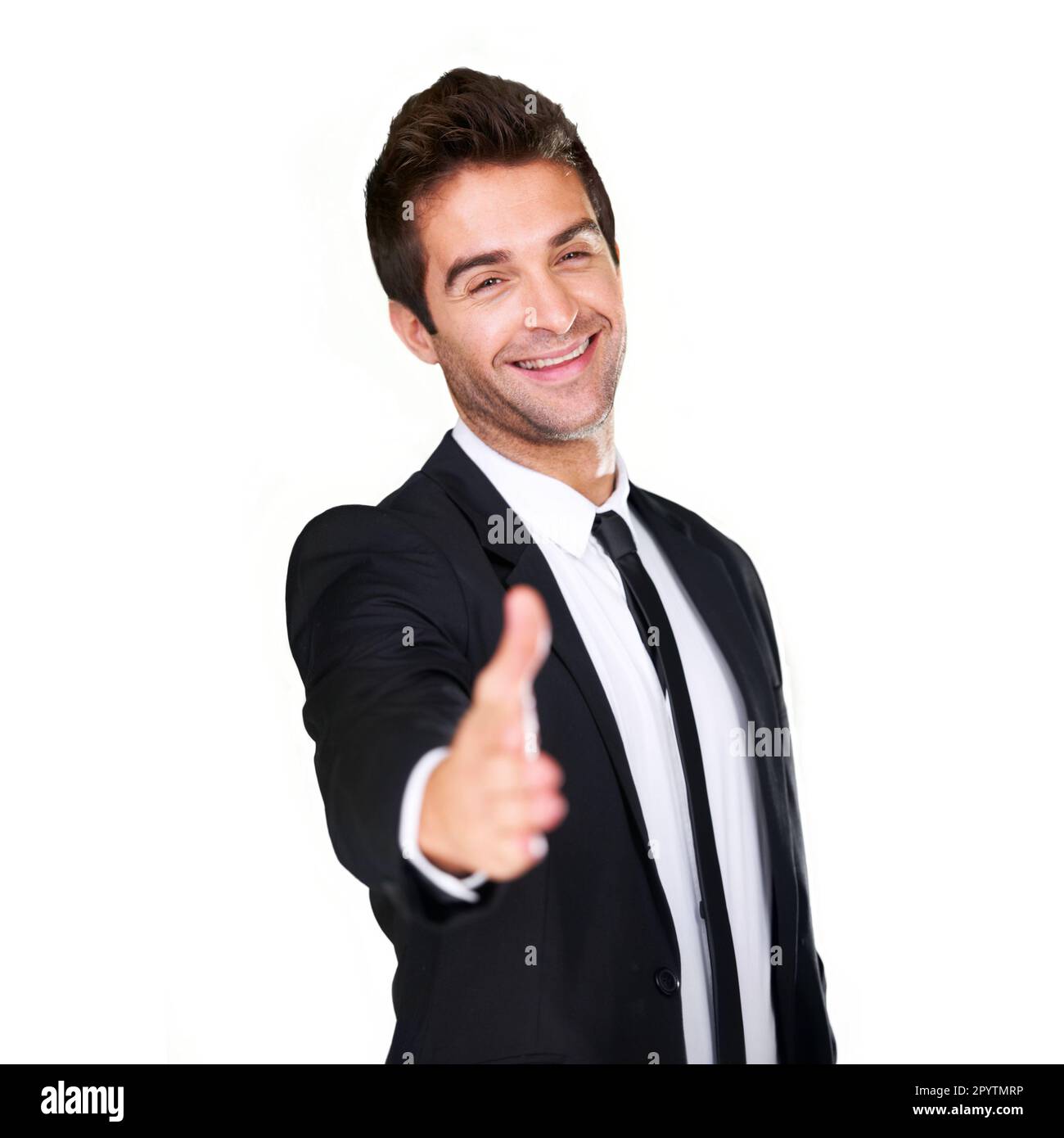 Business man, hand and smile for handshake, deal or partnership ...