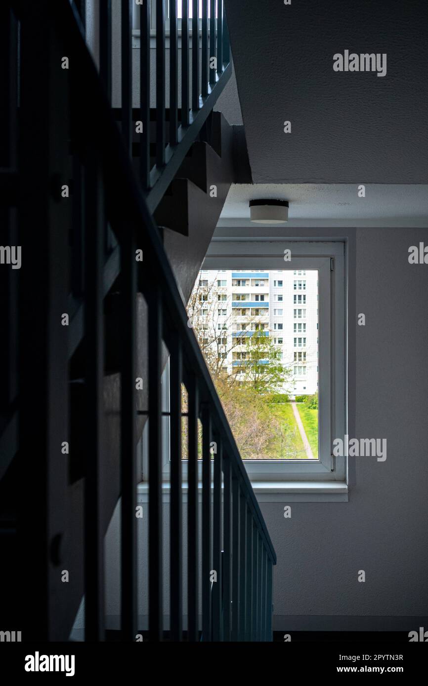 Staircase inside an apartment building in Berlin Friedrichsfelde. The ...