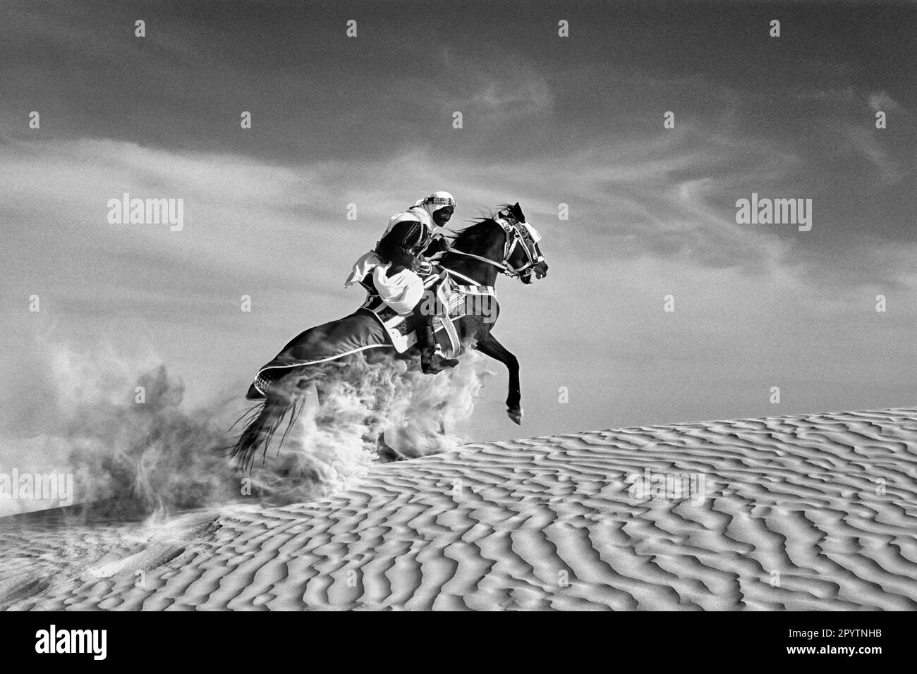 Tunisia, Douz, Man in festival dress and horse running on sand dune in ...