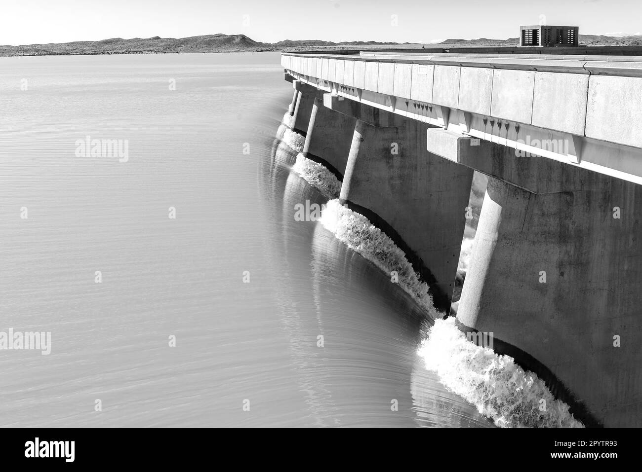 The Gariep Dam overflowing. The dam is the largest in South Africa. It ...