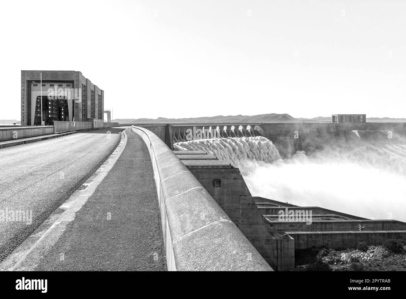 The Gariep Dam overflowing. The dam is the largest in South Africa. It ...