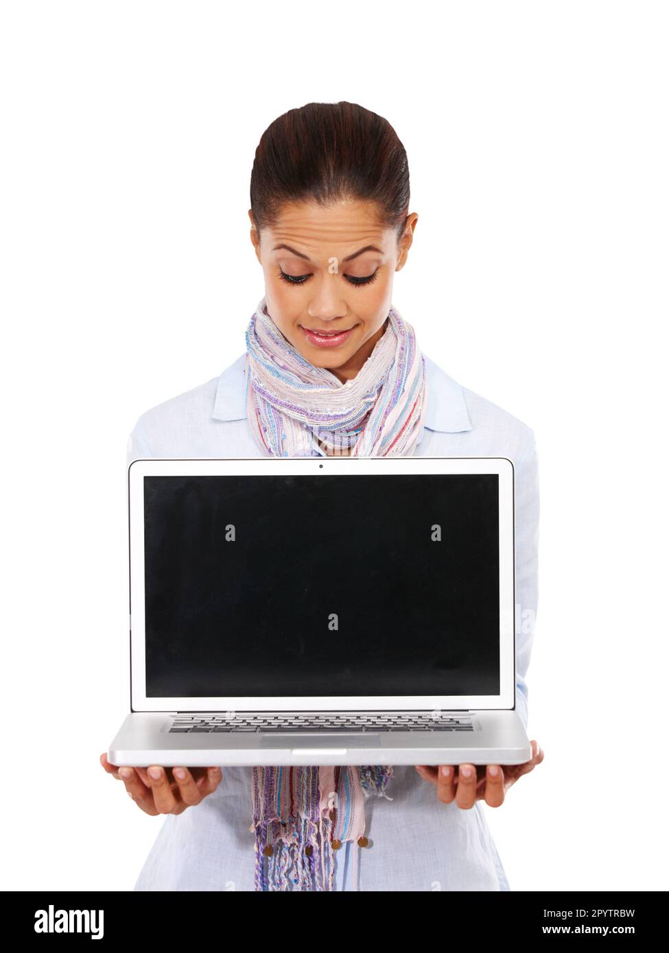 Woman, laptop and blank screen isolated on transparent png background ...