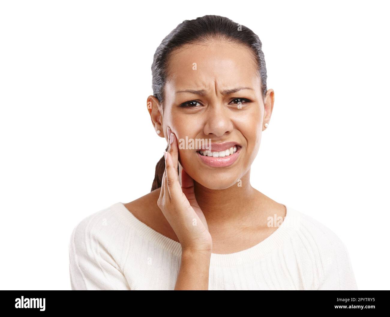 Portrait, dental or woman with toothache pain for oral care, mouth ...