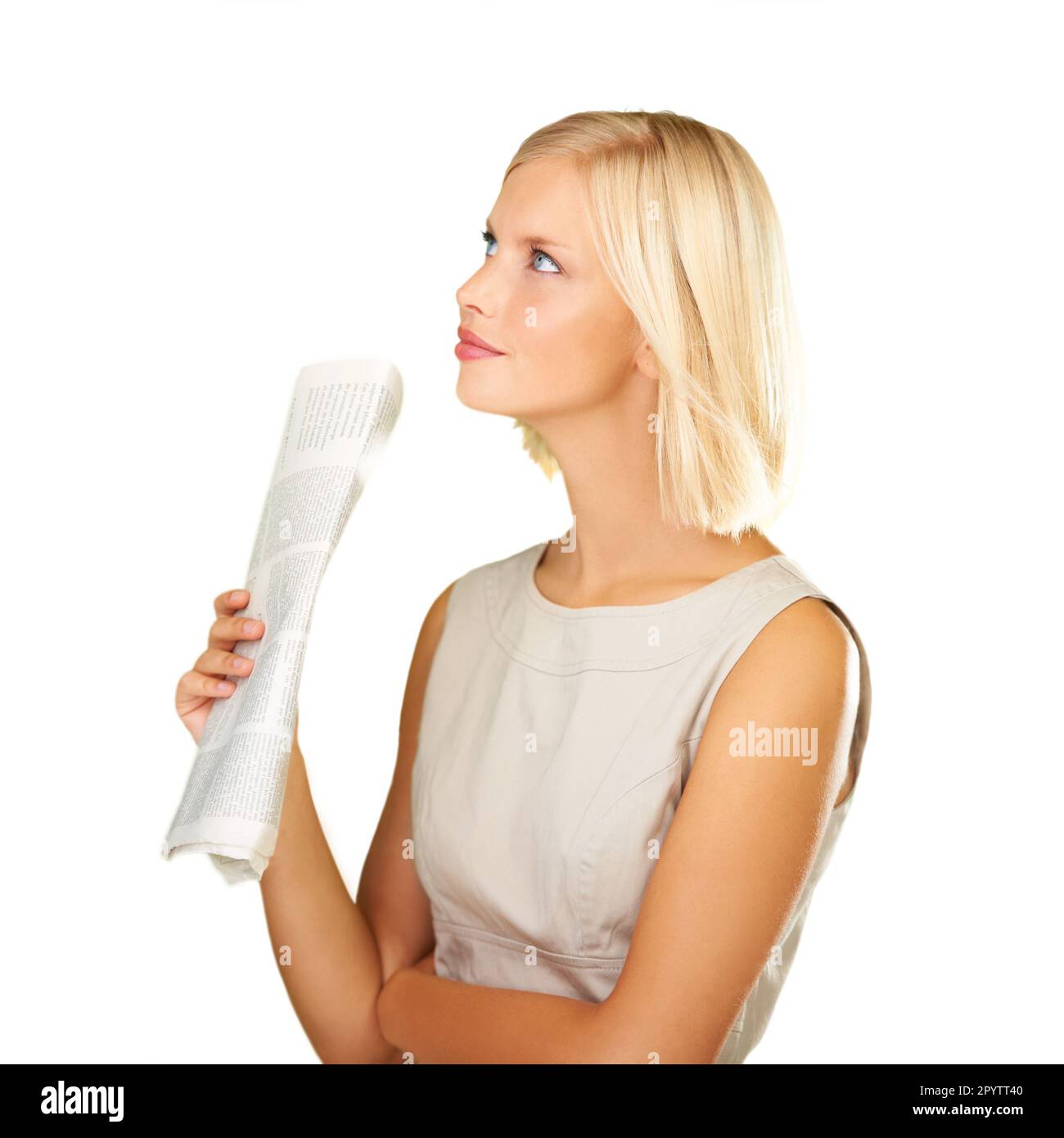 Woman, thinking and business newspaper for news and reading about stock ...