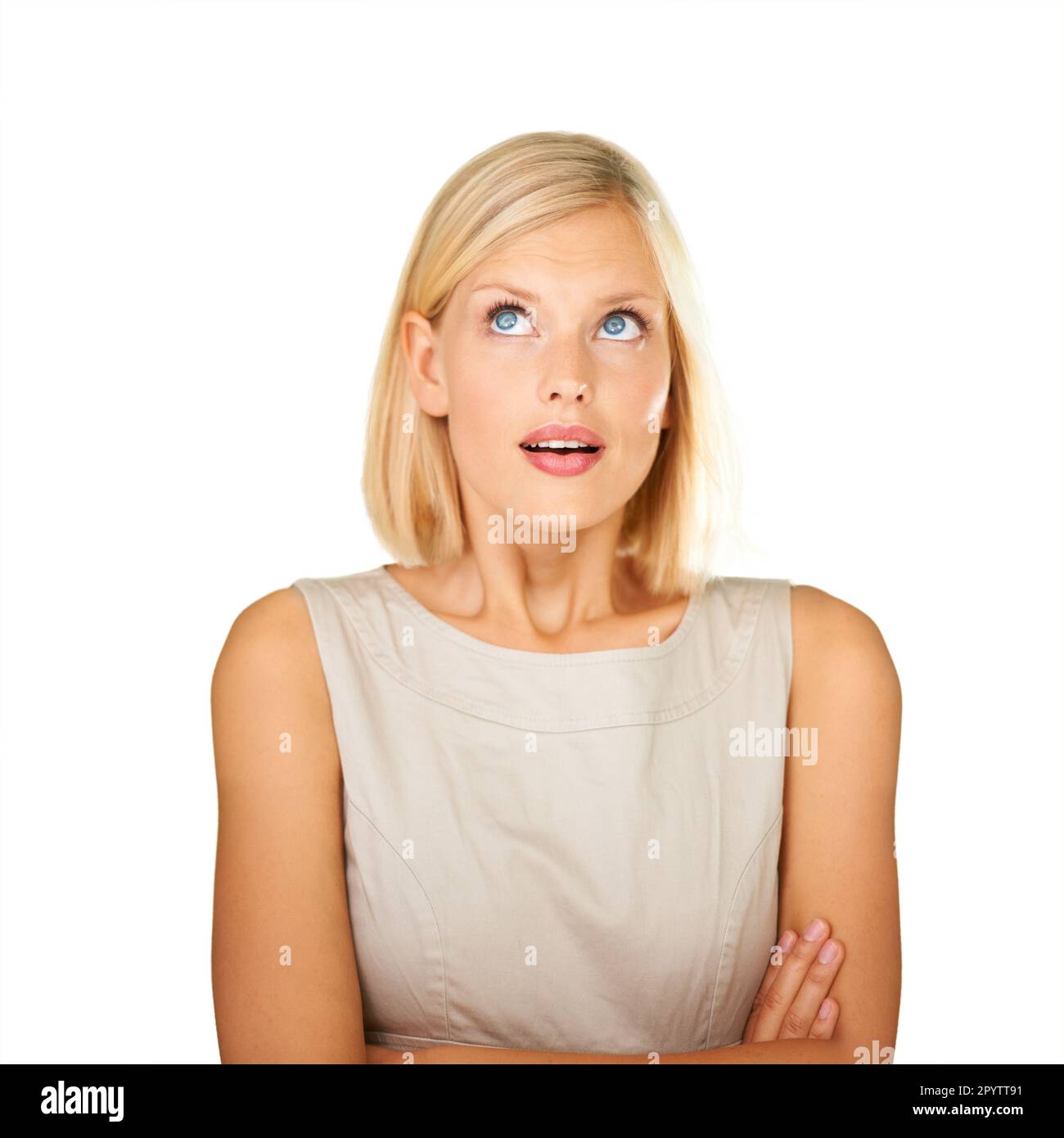 Woman, surprise and thinking of wow idea on transparent background for ...