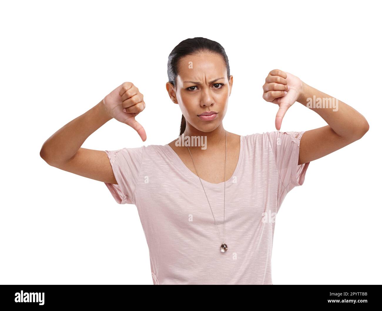 Portrait, thumbs down and woman angry, stress and bar review isolated ...