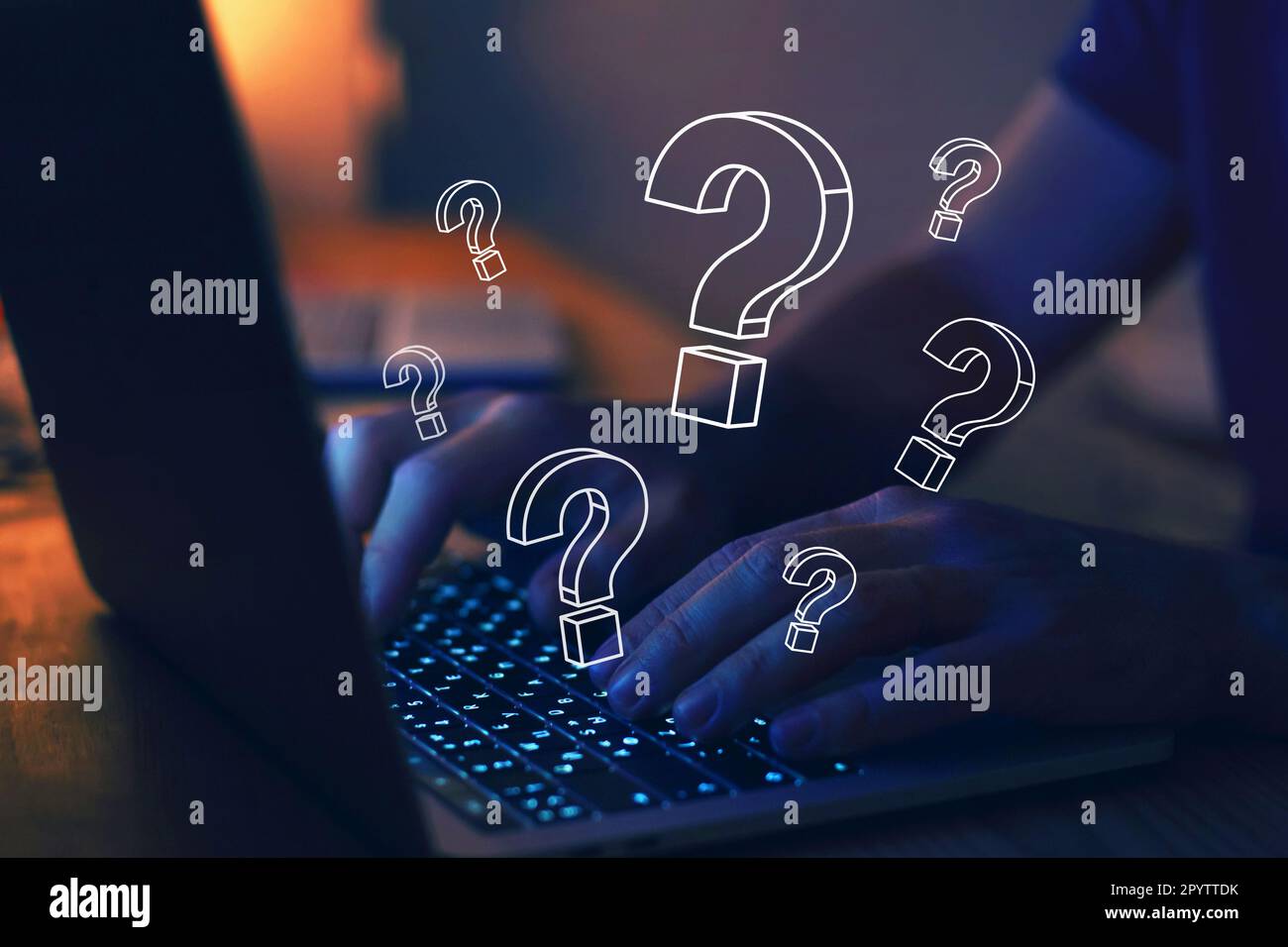 many quiestion marks on computer, find answer online, FAQ concept, what ...