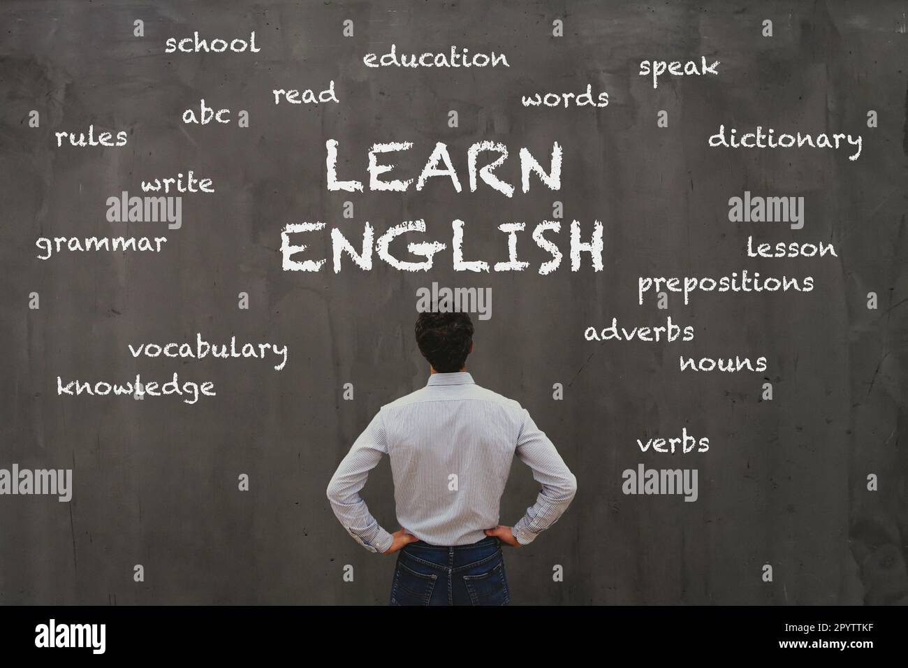 learn english concept, business man looking at word cloud on chalk ...