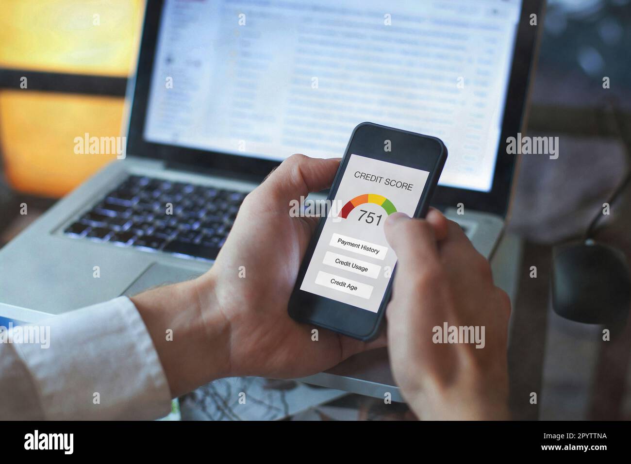 credit score concept on the screen of smartphone, checking payment ...
