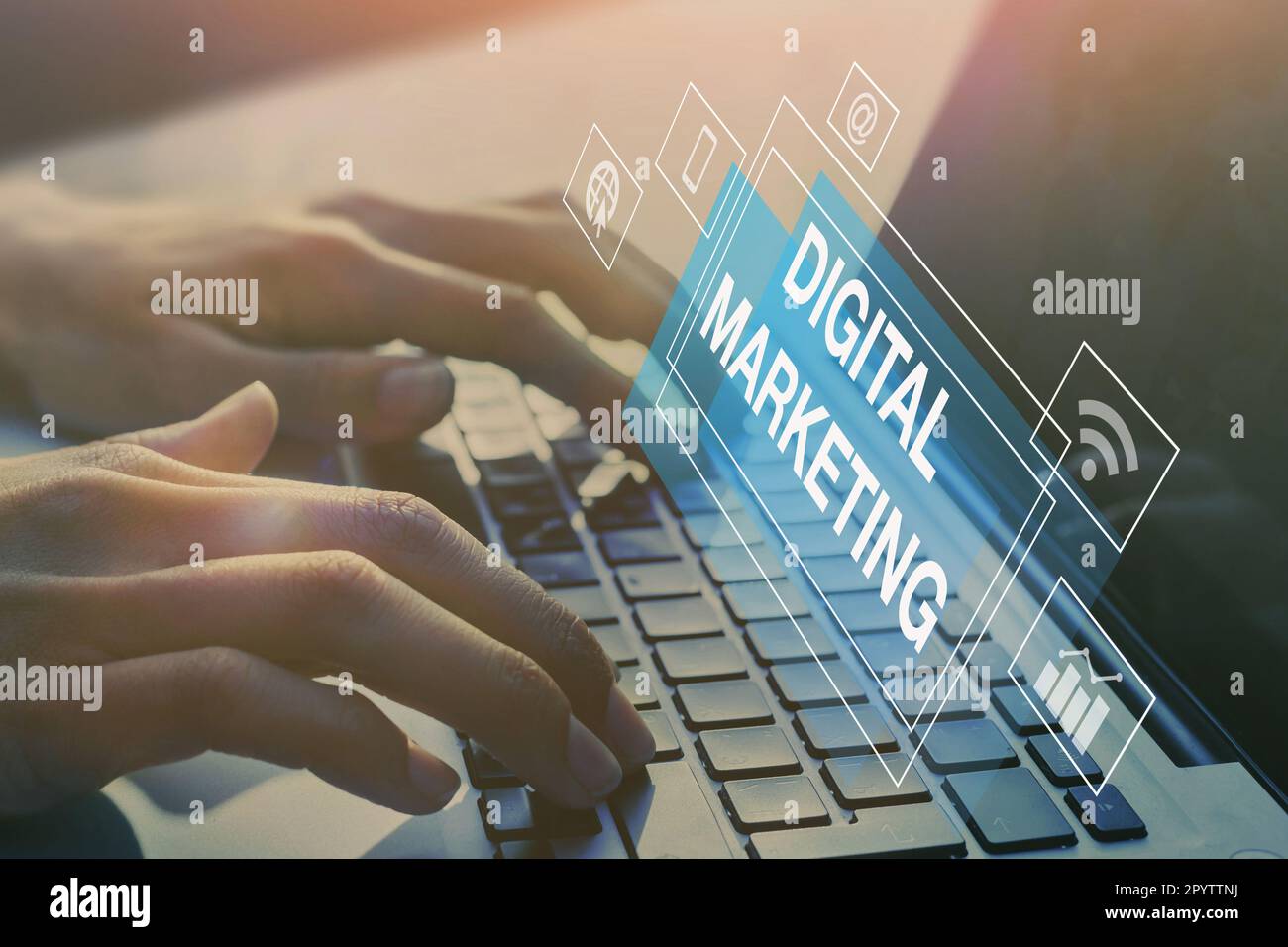 digital marketing concept, promotion of business on social media, hands ...