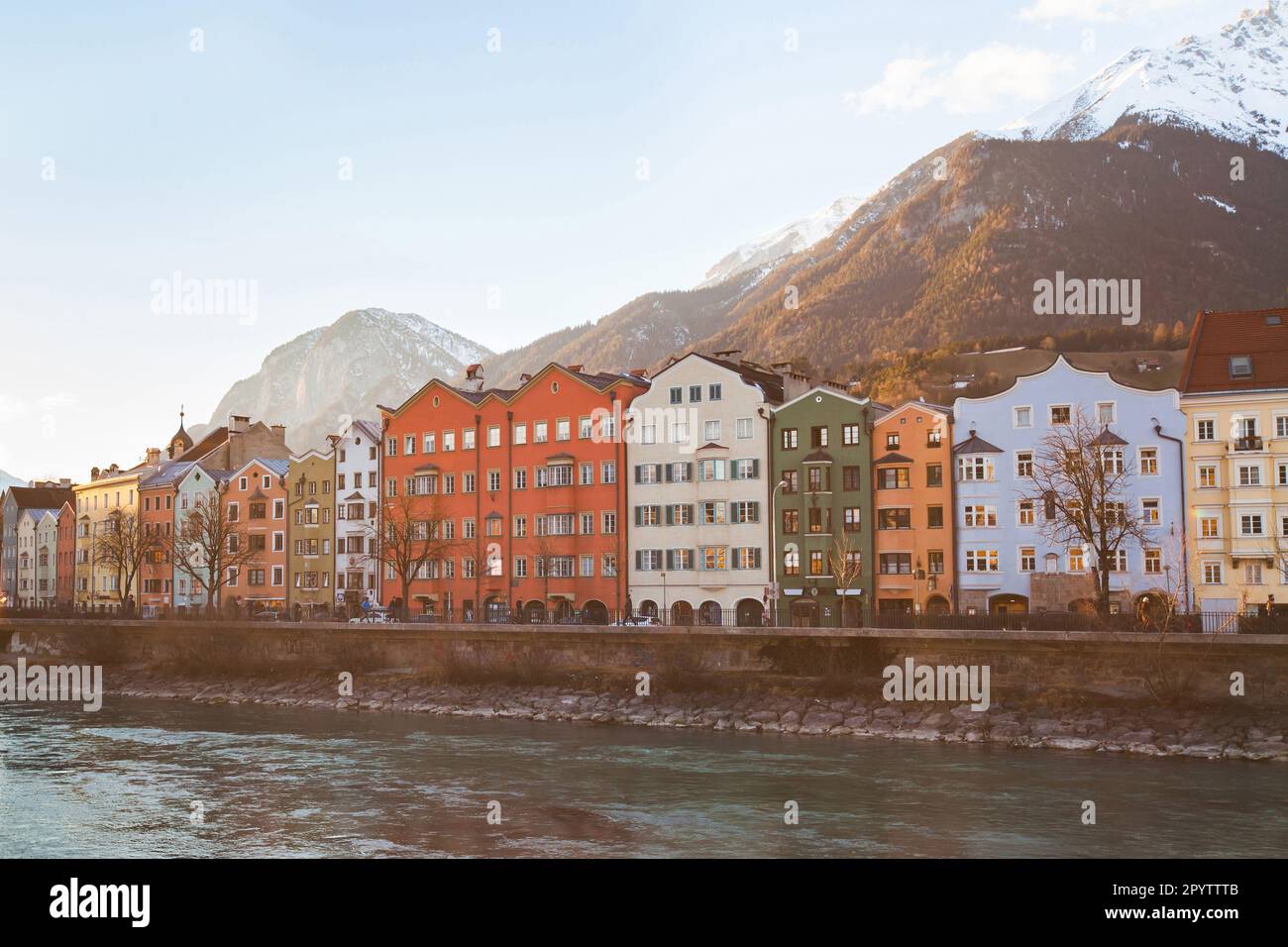 Innsbruck street, multicolored buildings in Austria, historical ...