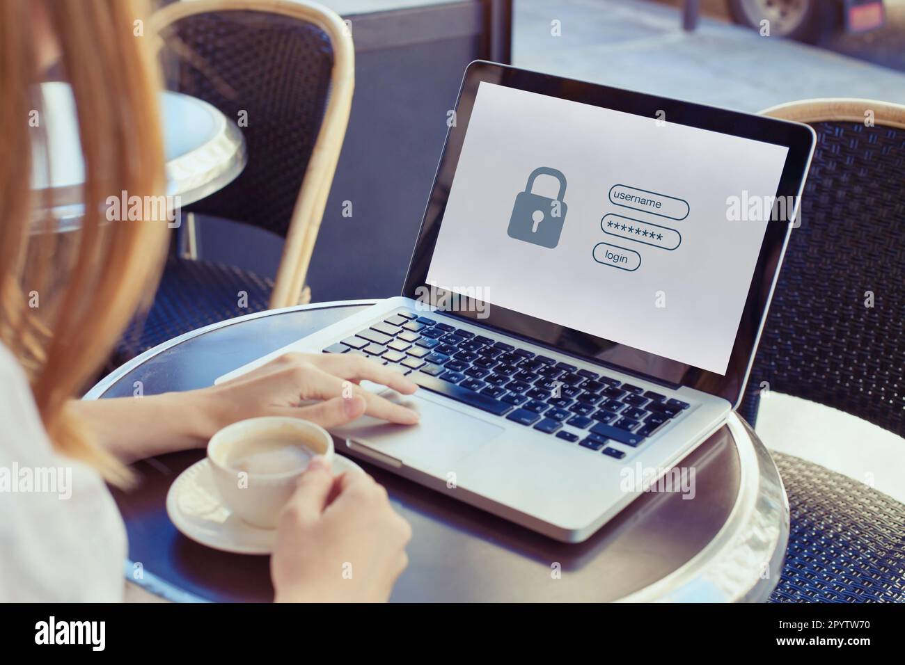 data protection and internet security concept, woman user typing ...