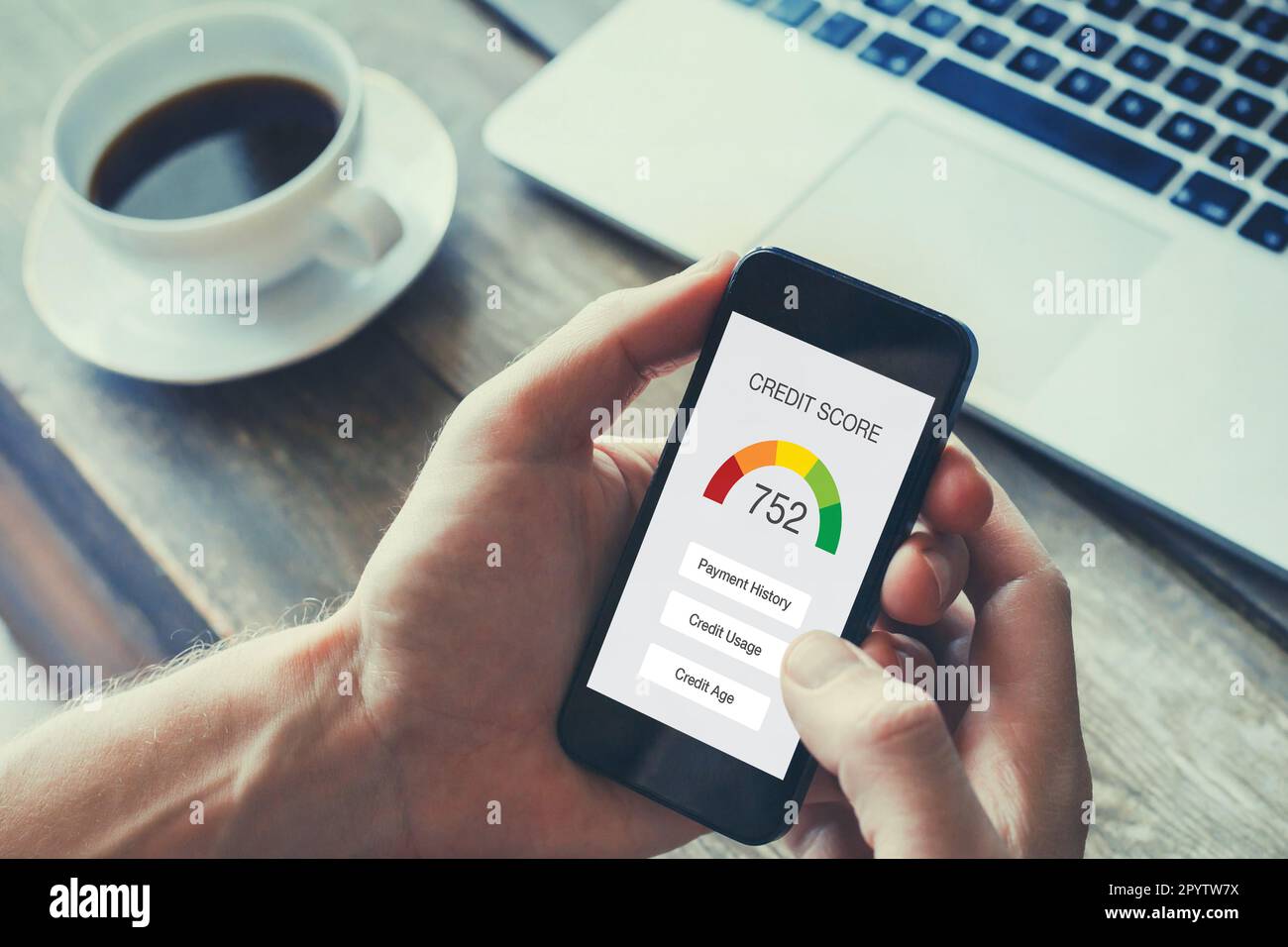 credit score concept on the screen of smart phone, checking payment ...