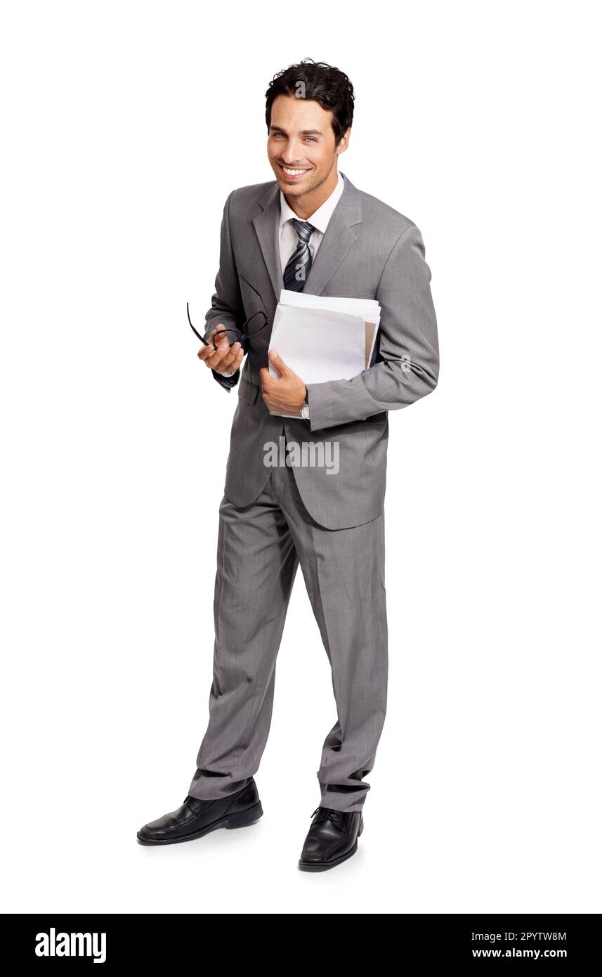 Portrait, smile and business man with paperwork isolated on transparent ...