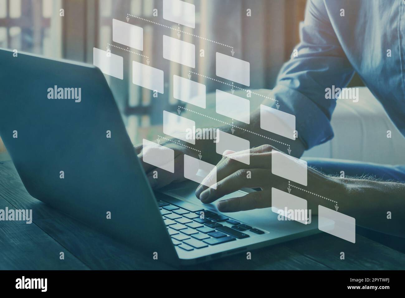 mindmap or organigram on virtual screen, person looking at hierarchy ...