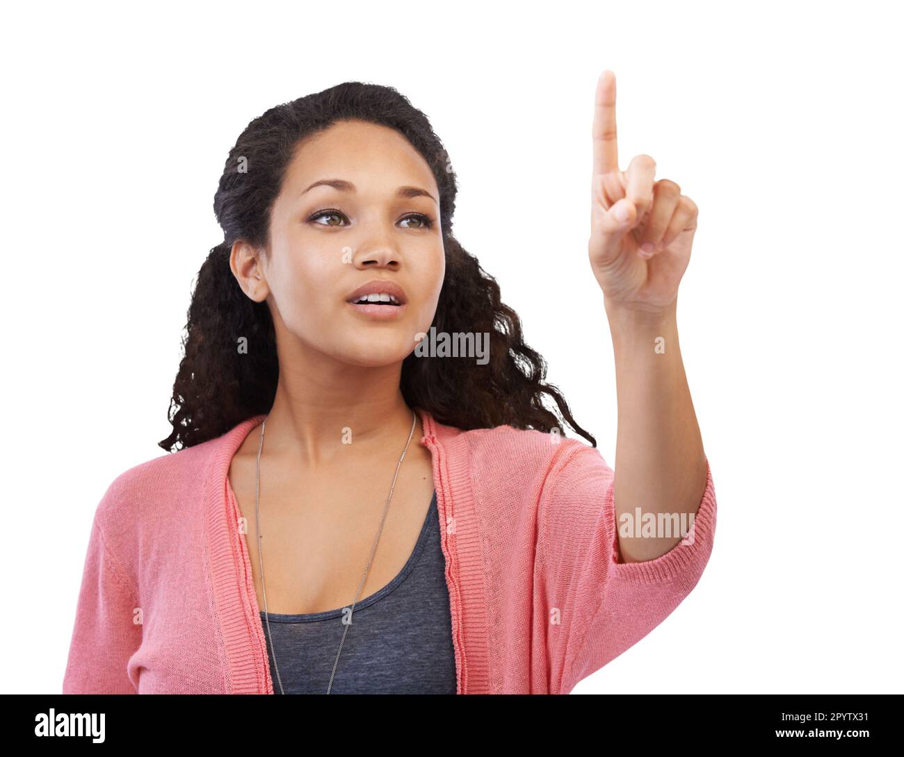 Future, invisible screen and finger with woman isolated on a ...