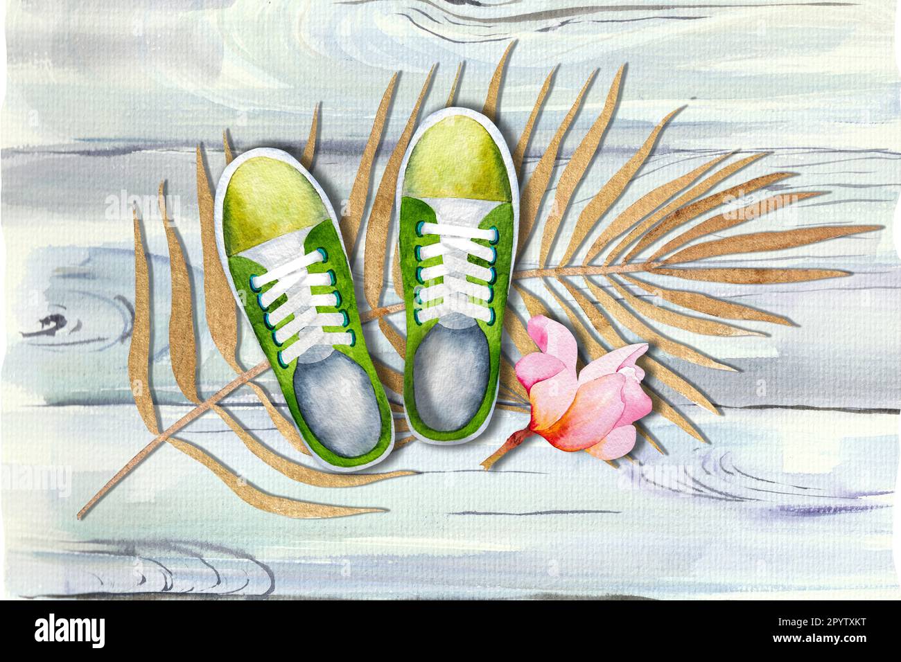 Watercolor palm leaf and green sneakers. Tropical plant element and ...
