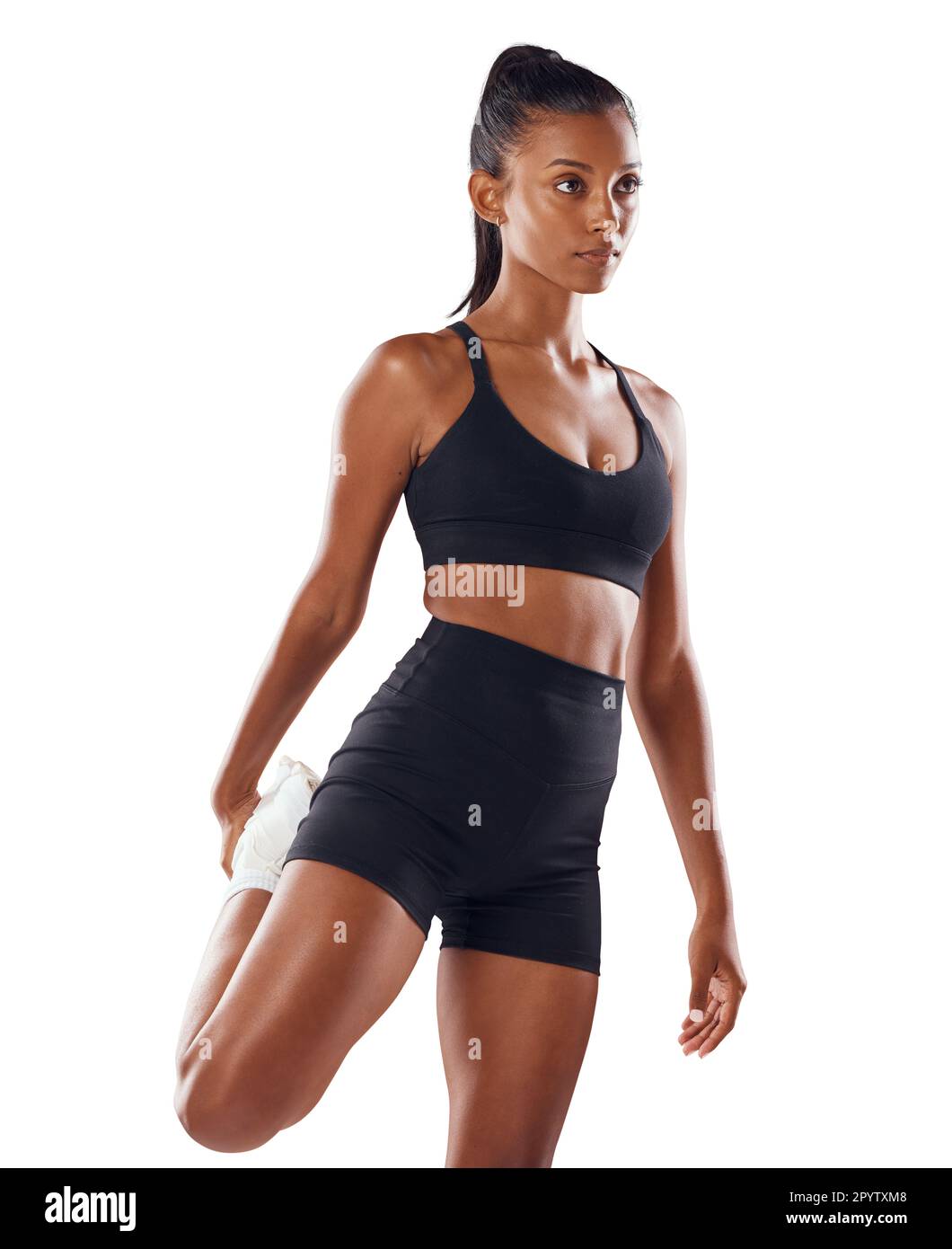 Woman stretching, leg warm up for run and fitness, cardio workout ...